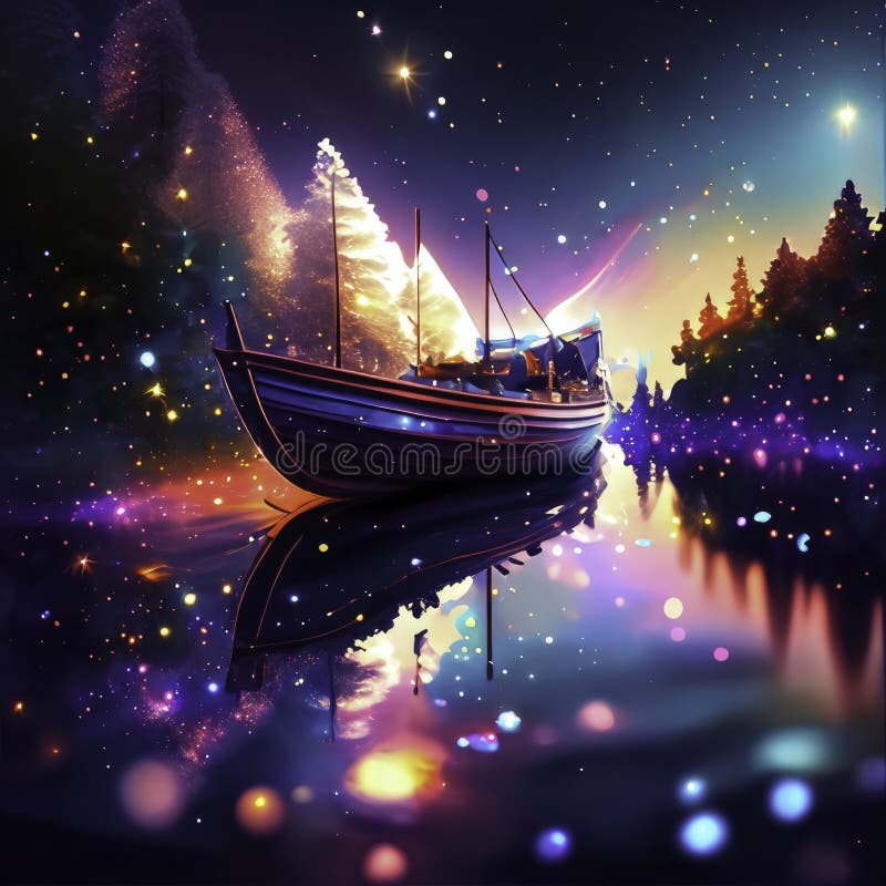 Fantasy Night Landscape with a Ship on the Water. 3d Illustration ...