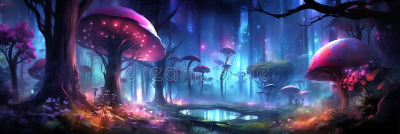 Fantasy Night Panoramic Landscape with Magic Forest and Glowing Huge ...