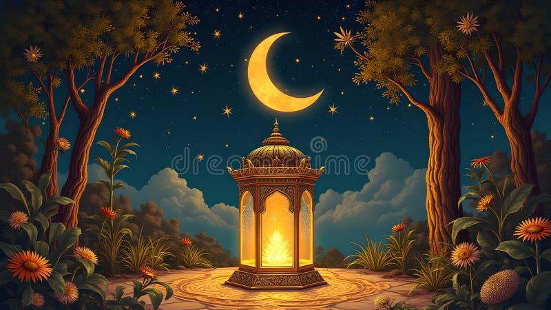 Fantasy Night Scene with Lantern and Crescent Moon. Concept of Peace ...