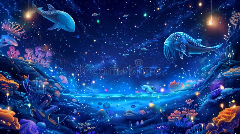 Fantasy Night Seascape, Glowing Marine Life, Starry Sky Stock ...
