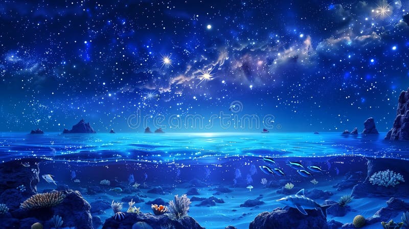 Fantasy Night Seascape, Glowing Marine Life, Starry Sky Stock ...
