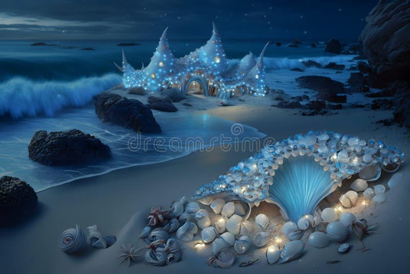 Fantasy Night Seascape with Magic Seashells. Neural Network AI ...
