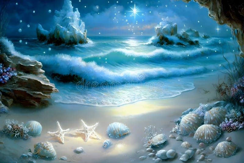 Fantasy Night Seascape with Magic Seashells. Neural Network AI ...