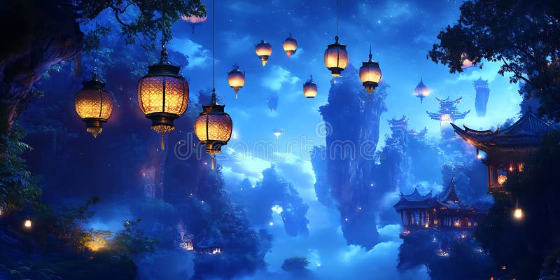 Fantasy Night Sky Lanterns stock illustration. Illustration of ...