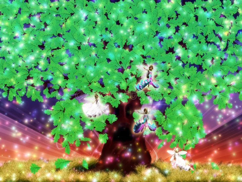Fantasy Oak Tree And Fairies Stock Illustration - Illustration of ...