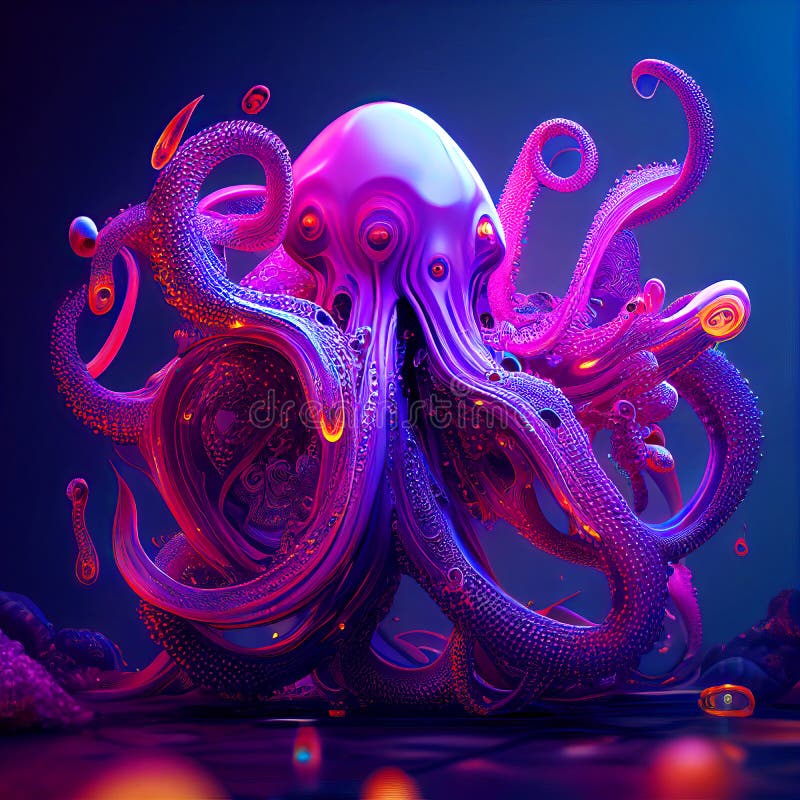 Fantasy Octopus Generative AI Illustration with Neon Lights Stock ...