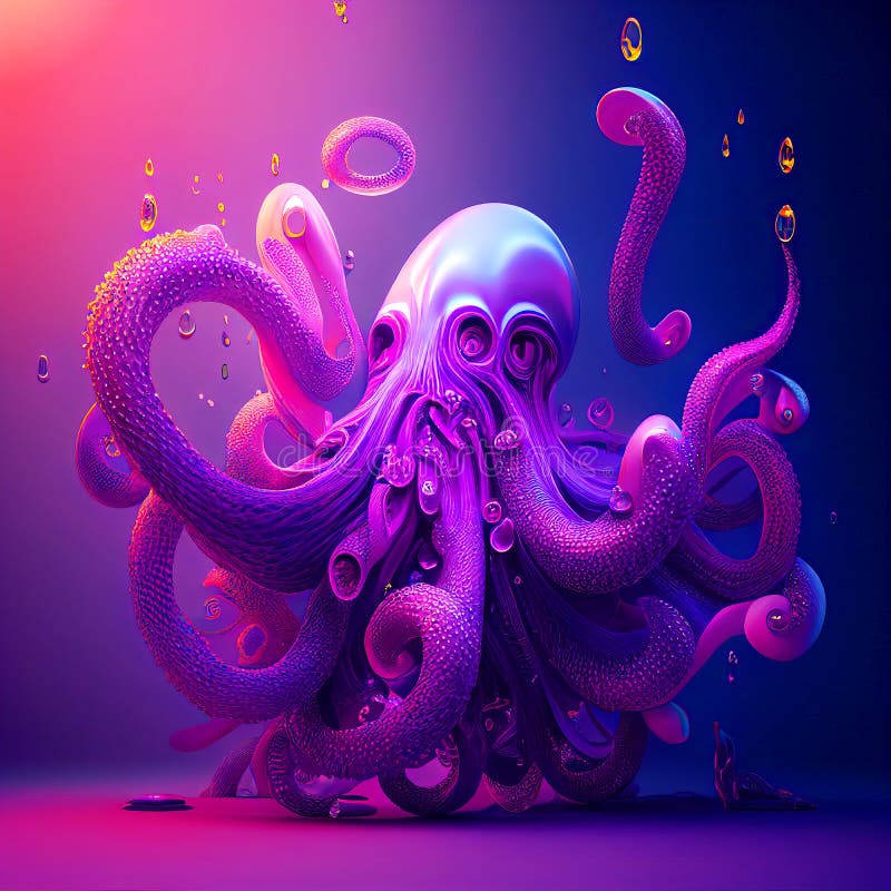Fantasy Octopus Generative AI Illustration with Neon Lights Stock ...