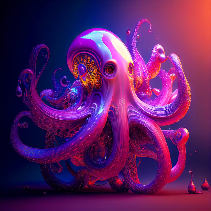 Fantasy Octopus Generative AI Illustration with Neon Lights Stock ...