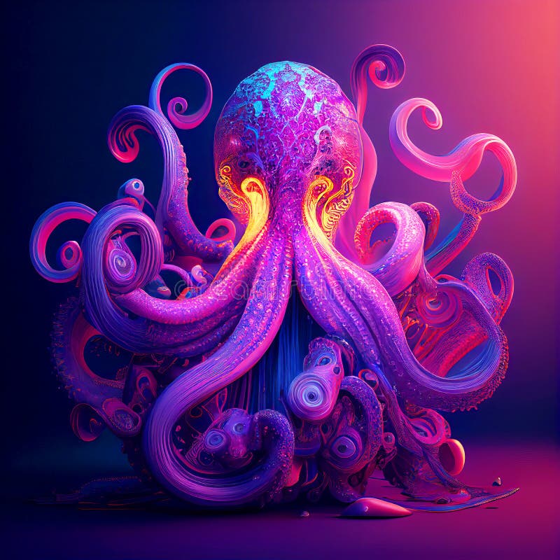 Fantasy Octopus Generative AI Illustration with Neon Lights Stock ...