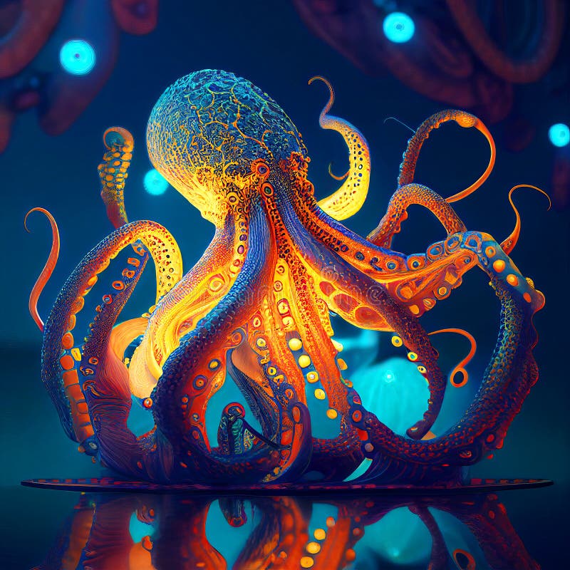 Fantasy Octopus Generative AI Illustration with Neon Lights Stock ...