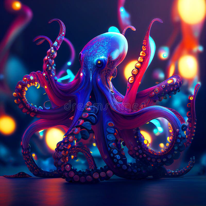 Fantasy Octopus Generative AI Illustration with Neon Lights Stock ...