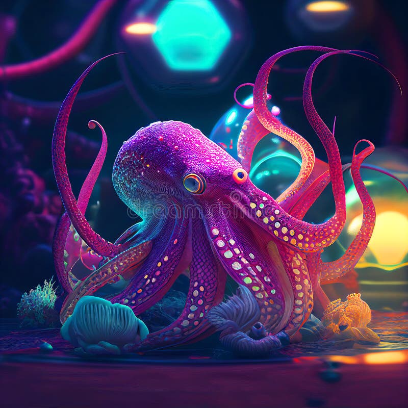 Fantasy Octopus Generative AI Illustration with Neon Lights Stock ...