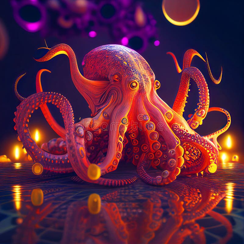 Fantasy Octopus Generative AI Illustration with Neon Lights Stock ...