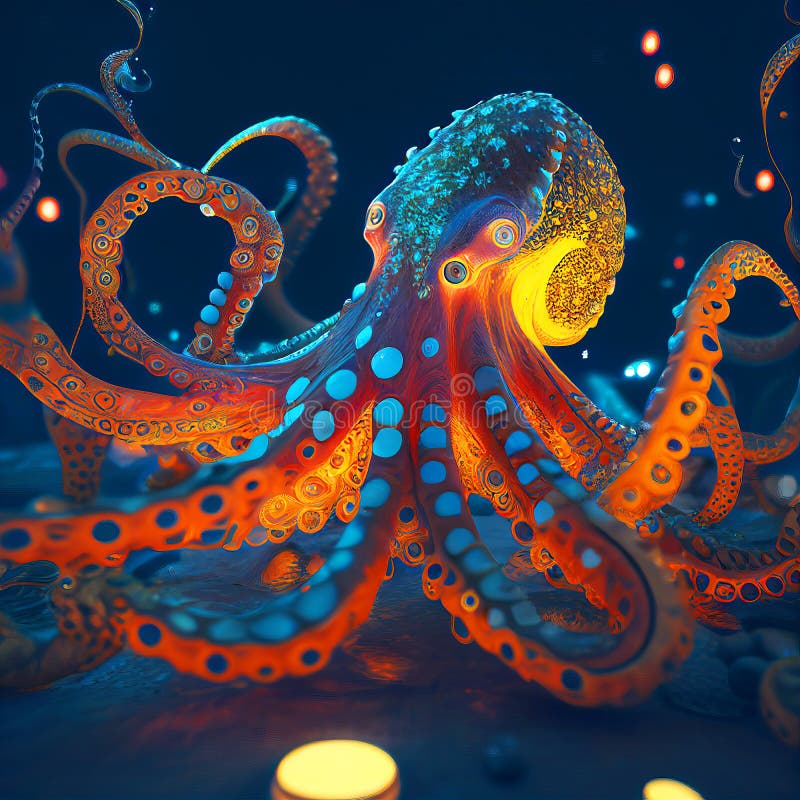 Fantasy Octopus Generative AI Illustration with Neon Lights Stock ...