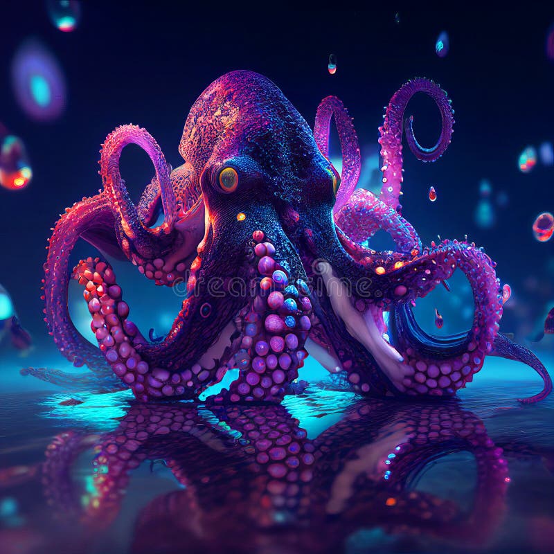 Fantasy Octopus Generative AI Illustration with Neon Lights Stock ...