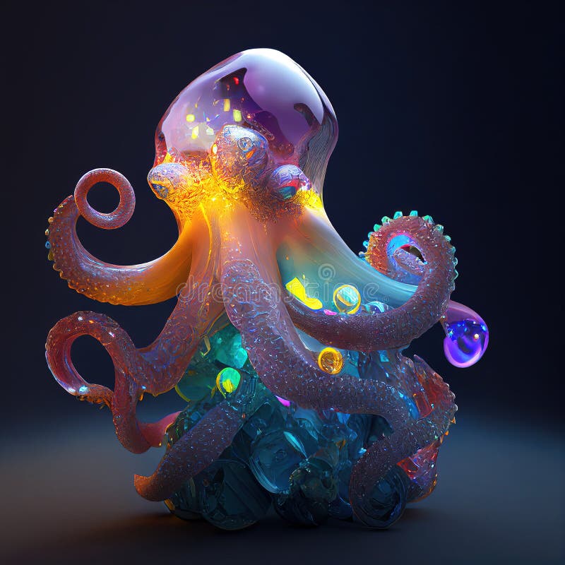Fantasy Octopus Generative AI Illustration with Neon Lights Stock ...