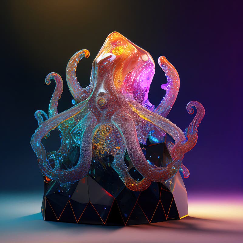 Fantasy Octopus Generative AI Illustration with Neon Lights Stock ...