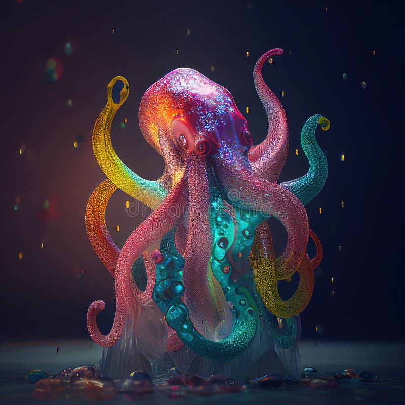 Fantasy Octopus Generative AI Illustration with Neon Lights Stock ...