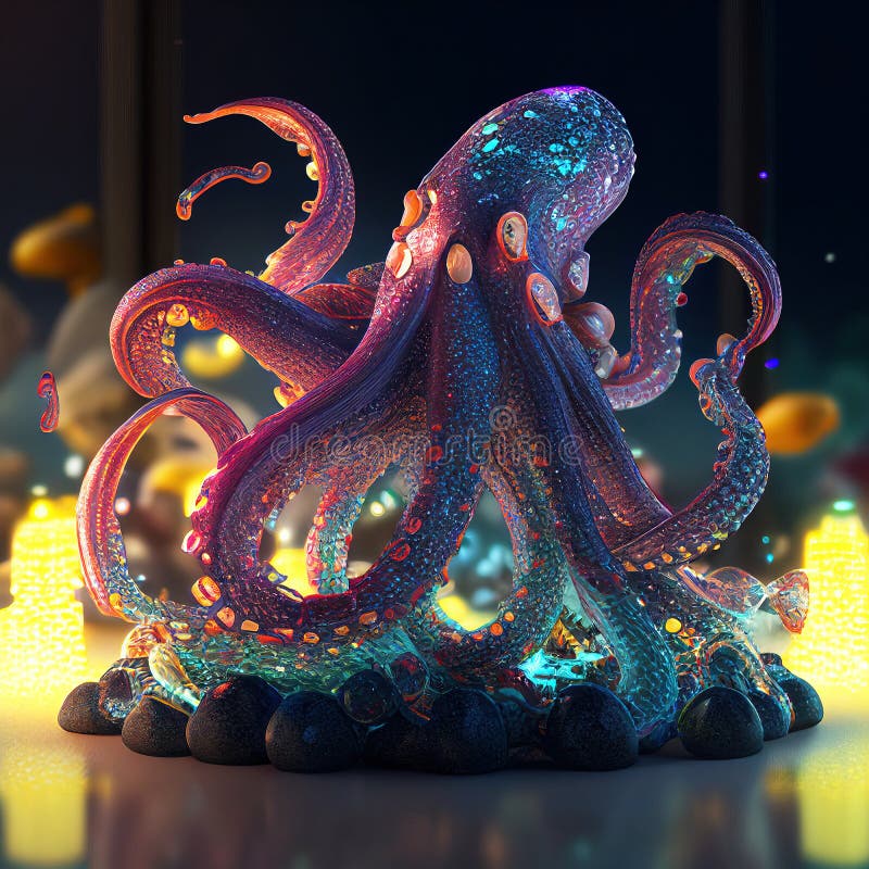 Fantasy Octopus Generative AI Illustration with Neon Lights Stock ...