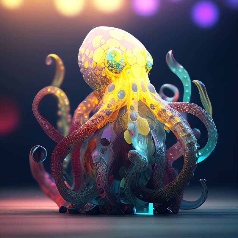 Fantasy Octopus Generative AI Illustration with Neon Lights Stock ...