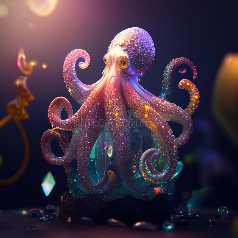 Fantasy Octopus Generative AI Illustration with Neon Lights Stock ...