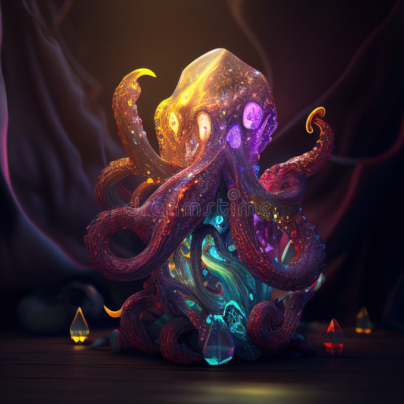 Fantasy Octopus Generative AI Illustration with Neon Lights Stock ...