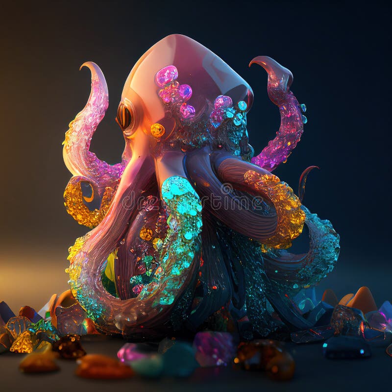 Fantasy Octopus Generative AI Illustration with Neon Lights Stock ...