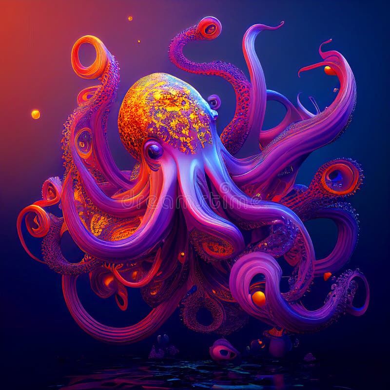 Fantasy Octopus Generative AI Illustration with Neon Lights Stock ...