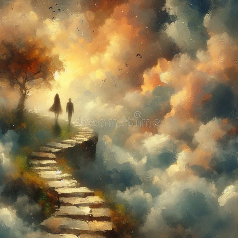 Fantasy Oil Painting of Winding Stone Path in the Clouds with Someone ...