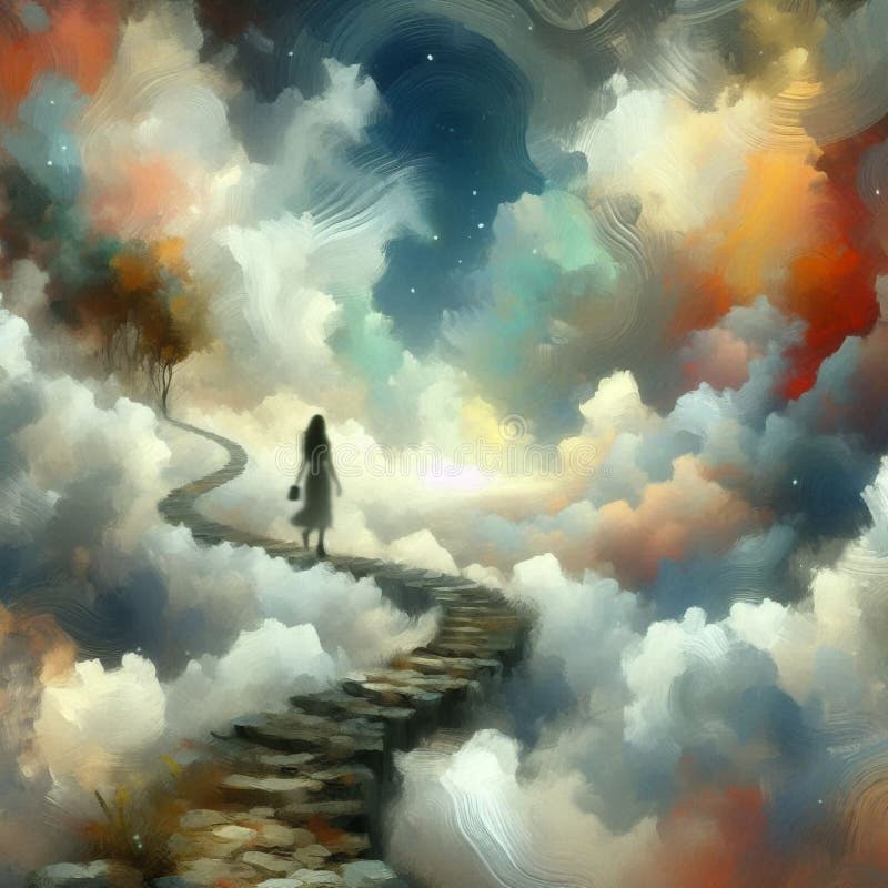 Fantasy Oil Painting of Winding Stone Path in the Clouds with Someone Walking Along the Path ...