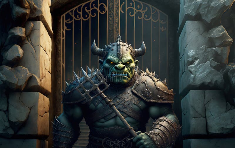 Fantasy Orc Guarding a Stone Castle Gate with Two Swords Stock ...