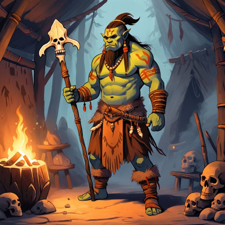 Fantasy Orc Warrior in Tribal Camp Setting with Fire and Skulls Stock ...