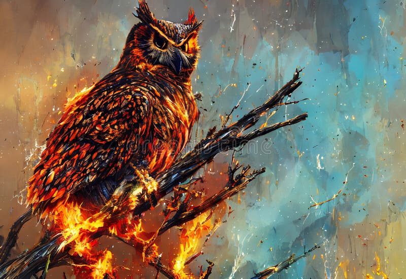 Fantasy Painting of a Owl in the Fire Stock Illustration - Illustration ...