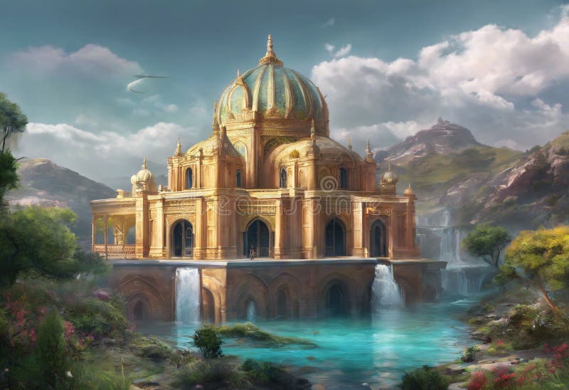 GENERATED IMAGE IA Fantasy Palace with Dome and Waterfalls Stock ...
