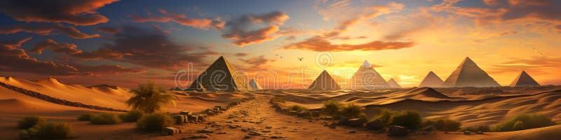 Fantasy Panoramic View of Ancient Pyramids in Desert at Sunset, Egypt ...