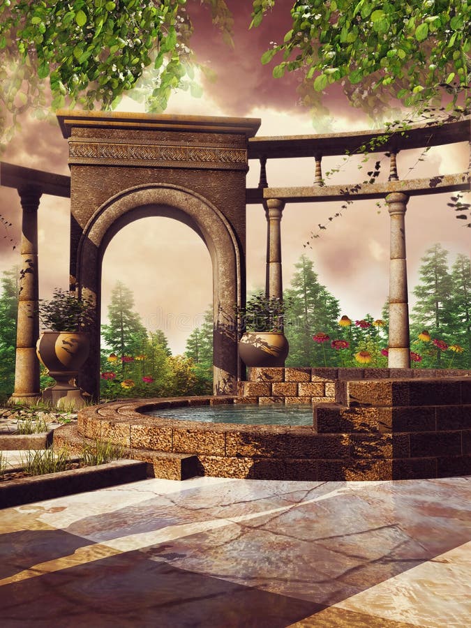 Fantasy patio with a pool stock illustration. Illustration of pool ...