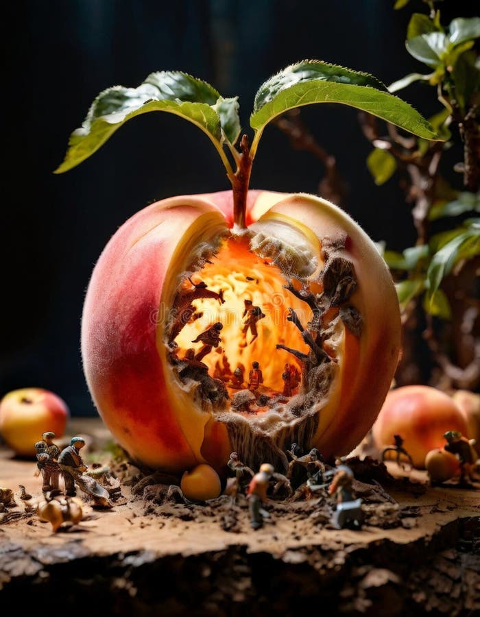 Fantasy Peach with Miniature Figures Inside a Glowing Core Stock Image ...