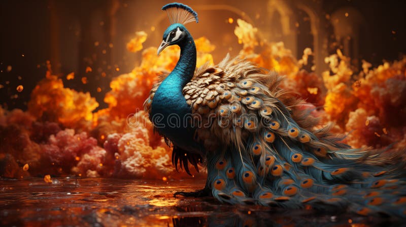 Fantasy peacock in fire stock image. Image of ornament - 303167807