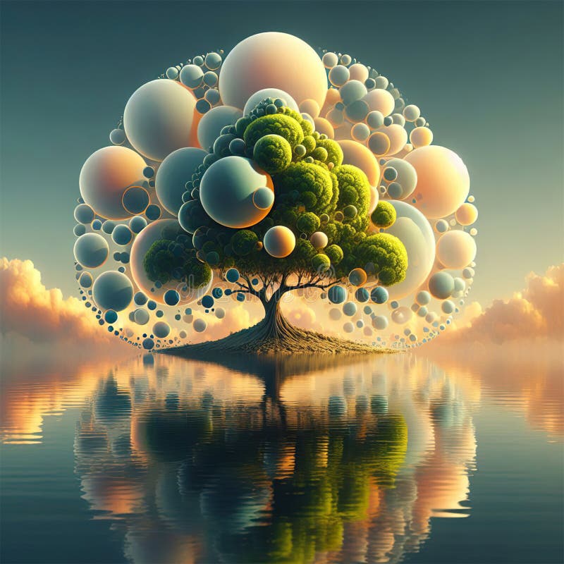 Fantasy Persistence of Vision Bubble Tree and Lake Stock Illustration ...