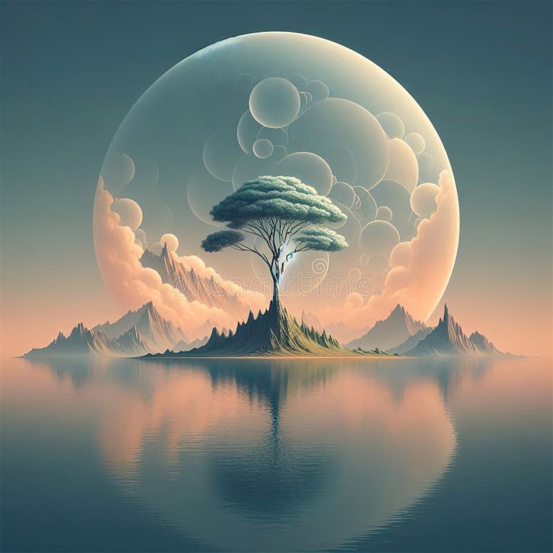 Fantasy Persistence of Vision Bubble Tree and Lake Stock Illustration ...