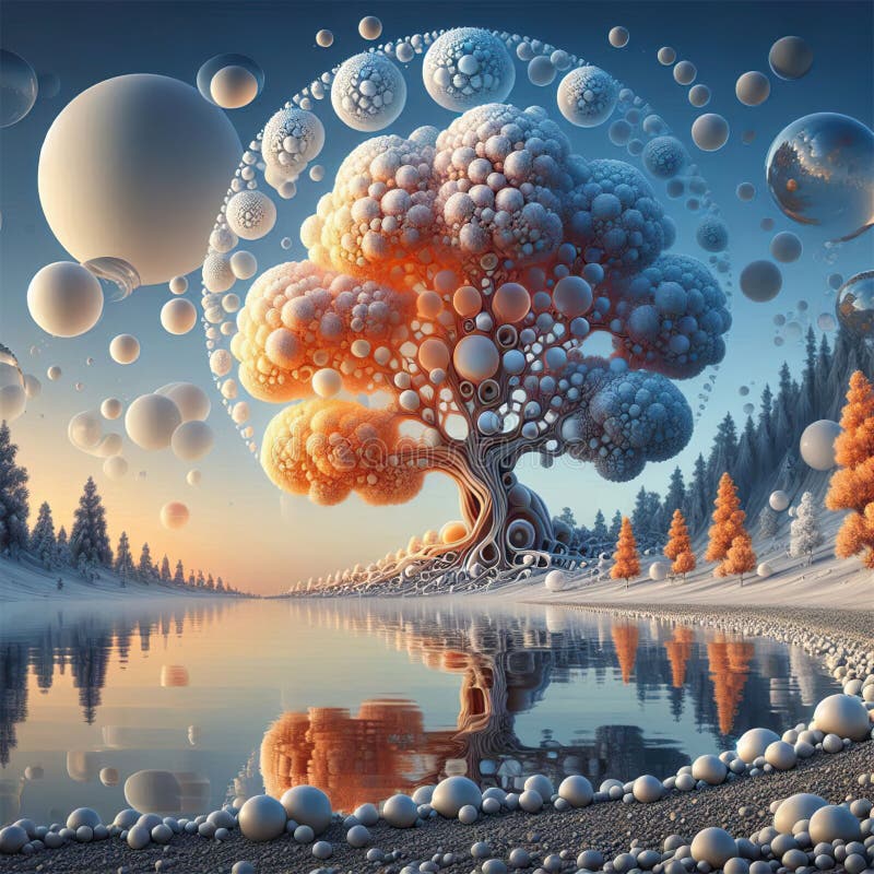 Fantasy Persistence of Vision Bubble Tree and Lake Stock Illustration ...