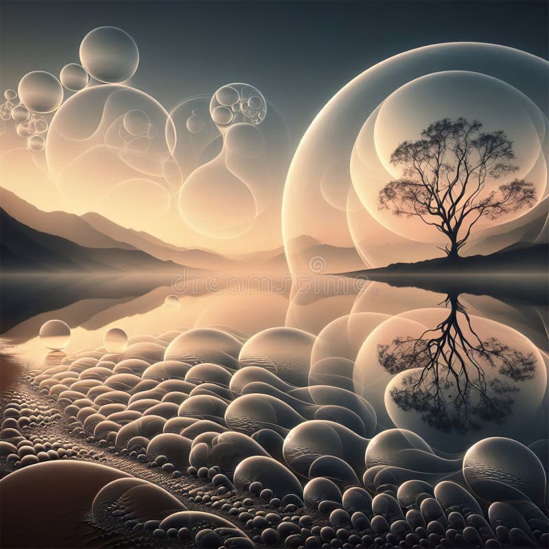 Fantasy Persistence of Vision Bubble Tree and Lake Stock Illustration ...