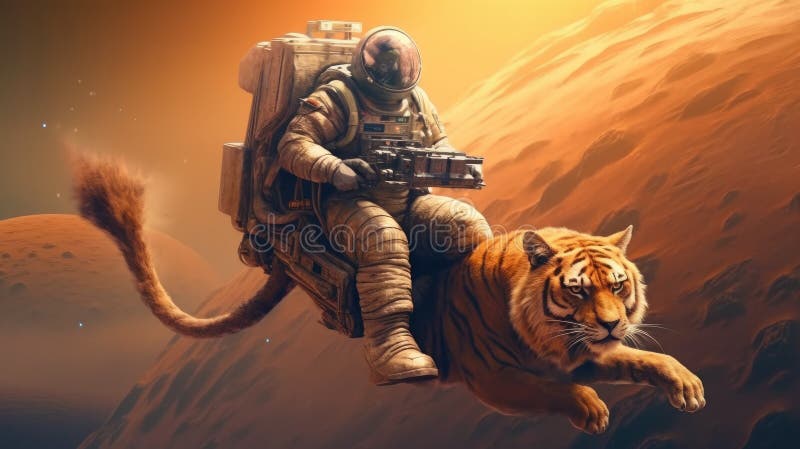 Friendly Tiger Controlled by Astronaut with Space Technology Exploring ...