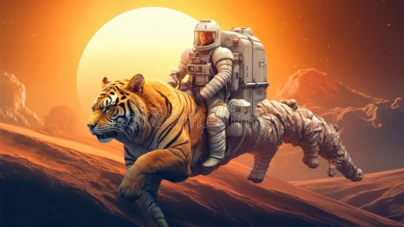 Friendly Tiger Controlled by Astronaut with Space Technology Exploring ...
