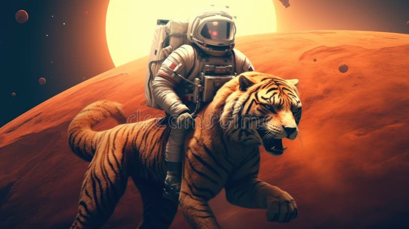 Friendly Tiger Controlled by Astronaut with Space Technology Exploring ...