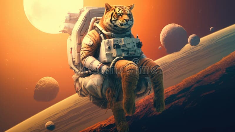 Friendly Tiger Controlled by Astronaut with Space Technology Exploring ...