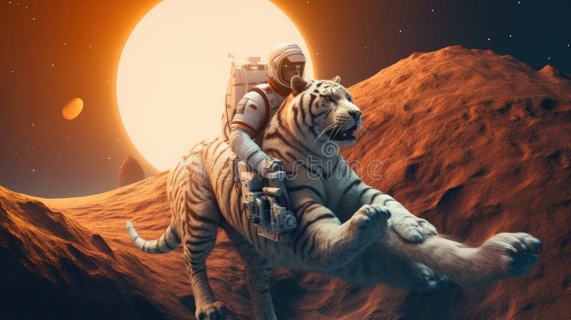 Friendly Tiger Controlled by Astronaut with Space Technology Exploring ...