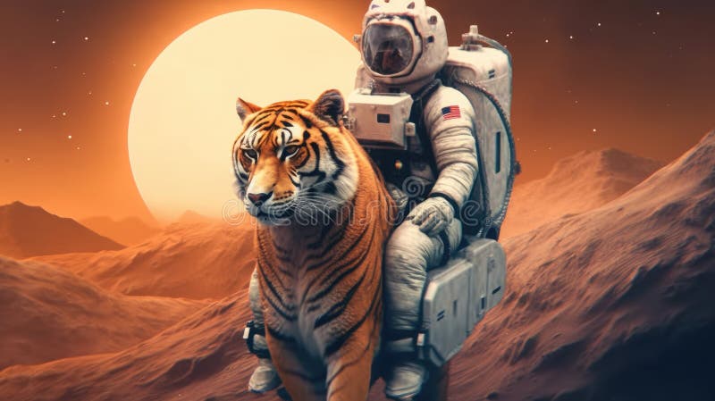 Friendly Tiger Controlled by Astronaut with Space Technology Exploring ...