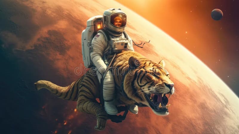 Friendly Tiger Controlled by Astronaut with Space Technology Exploring ...