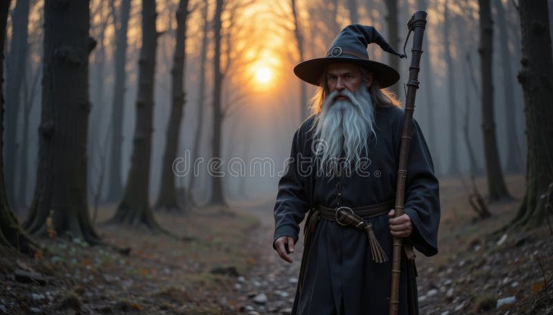 Fantasy Pilgrim or Mage in Robe and Hat in Forest at Sunset - Concept ...